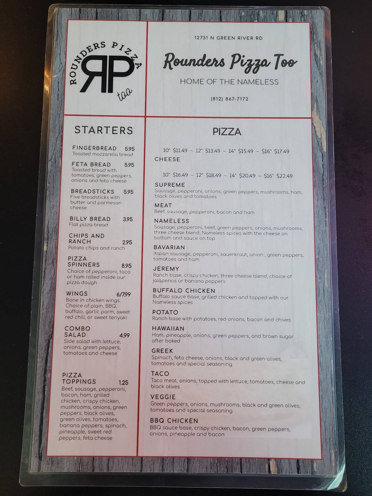 Menu at Rounders Too pizzeria, Evansville