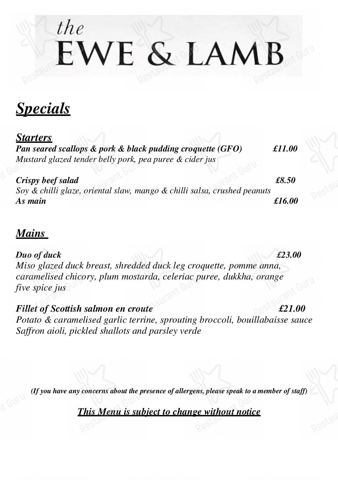 Menu at Ewe & Lamb pub & bar, Bromsgrove