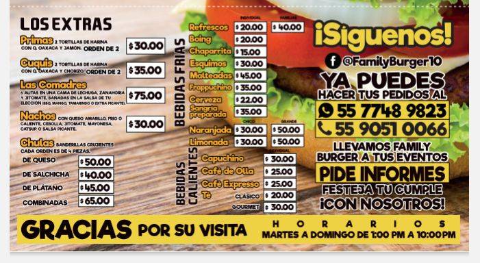 Menu at Family Burger restaurant, Chalco de Díaz Covarrubias