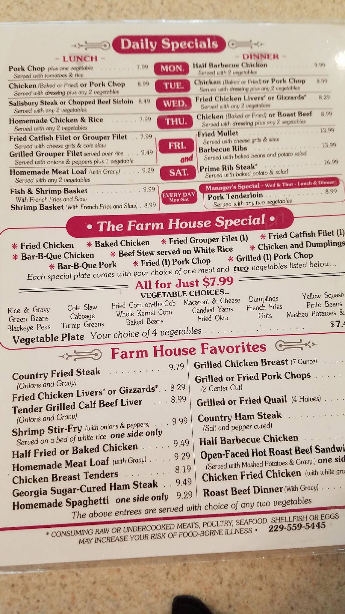 Menu at Farmhouse Restaurant, Lake Park