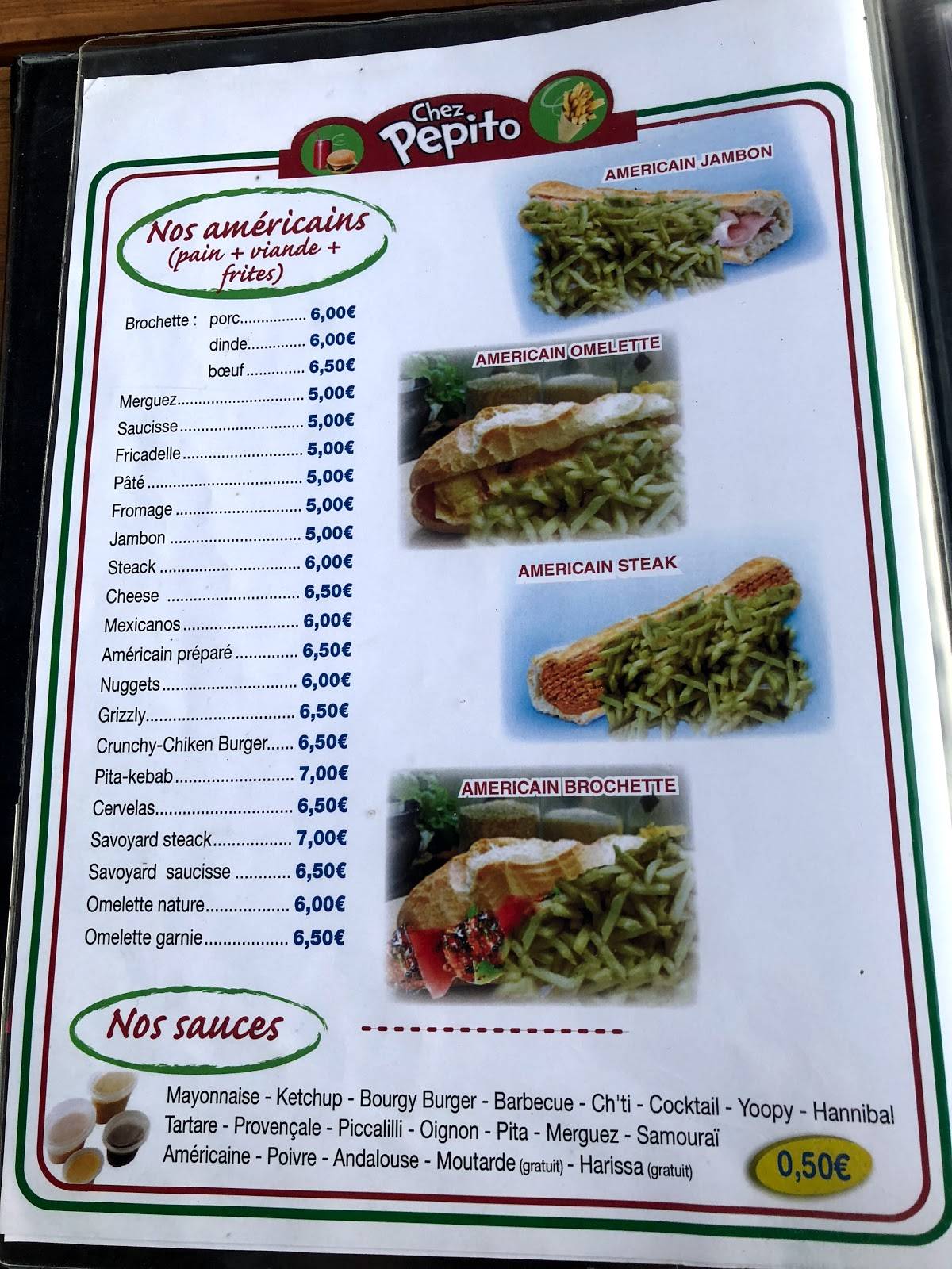 Menu au Chez Pepito fast food, Béthune