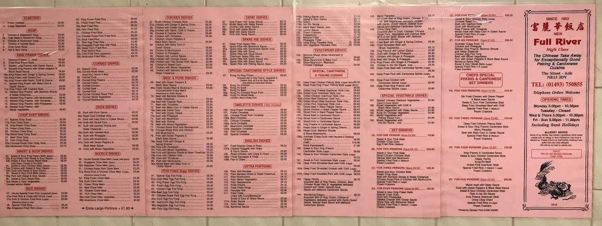 Menu at Full River fast food, Acle