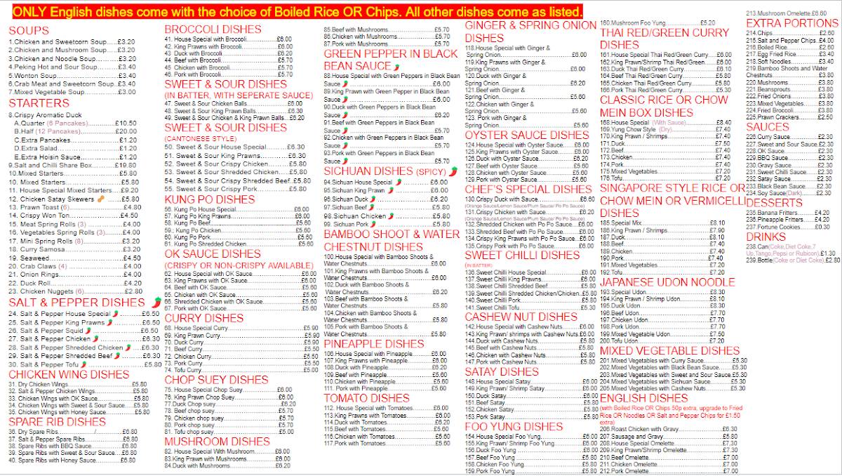 Menu at Fung Wong fast food, Halifax