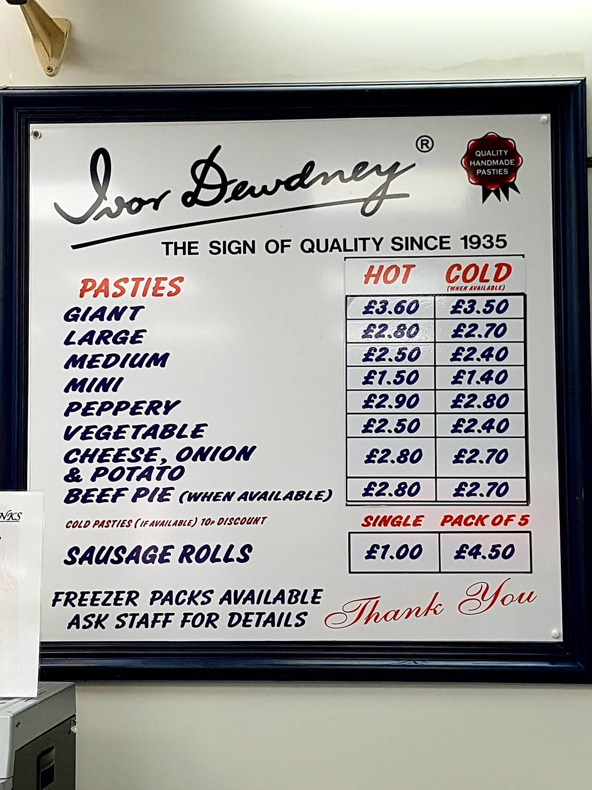 Menu at Ivor Dewdney Pasties Ltd fast food, Plymouth, 99 Cornwall St