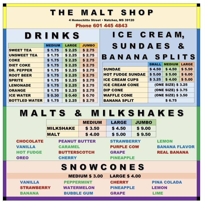 Menu at The Malt Shop fast food, Natchez