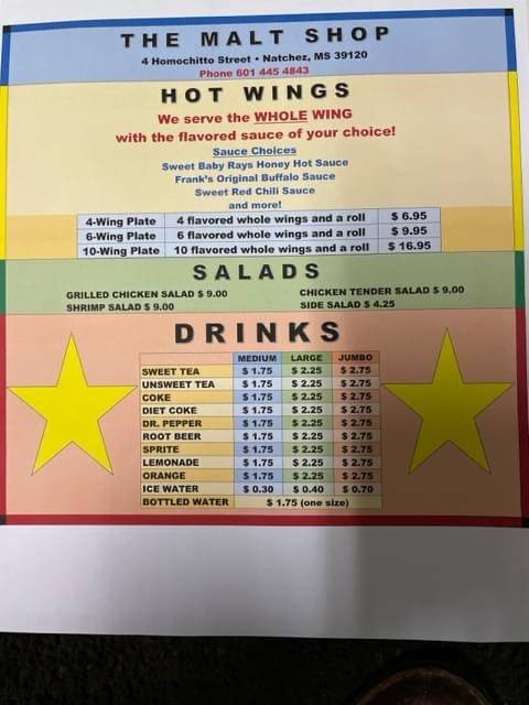 Menu at The Malt Shop fast food, Natchez