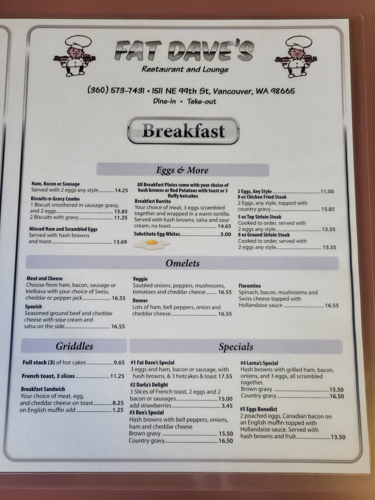 Menu at Fat Daves restaurant, Vancouver