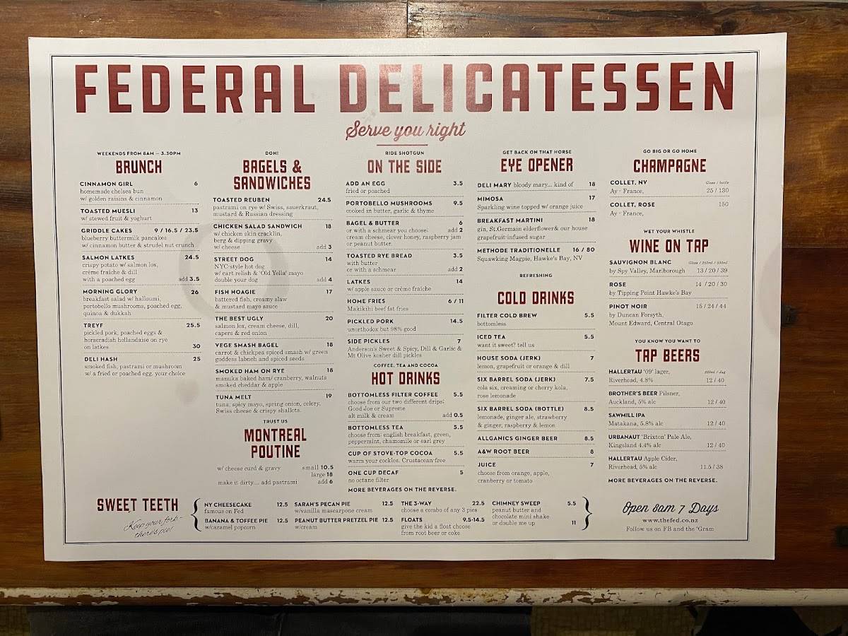 Menu at Federal Delicatessen restaurant, Auckland