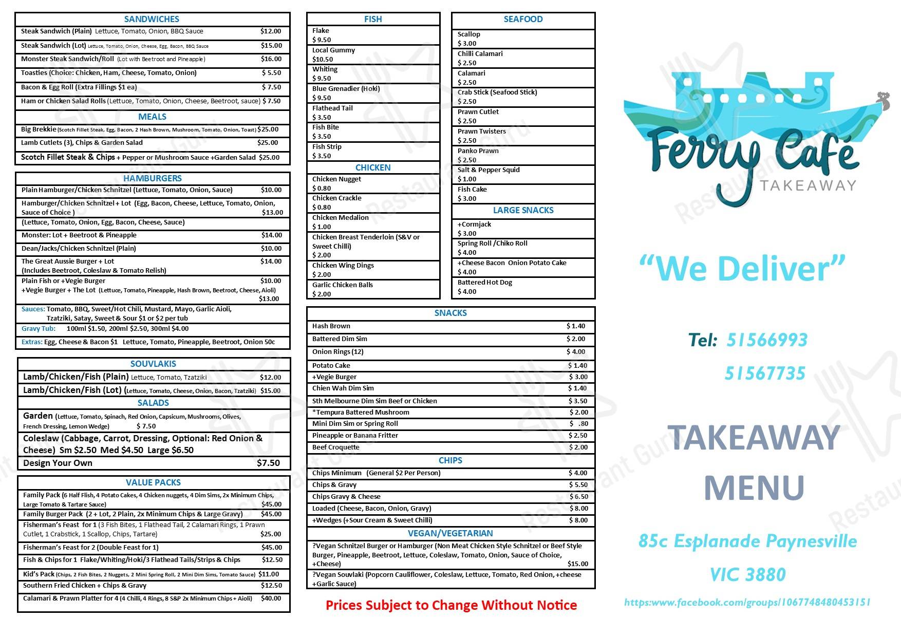 Menu at Ferry Cafe, Paynesville