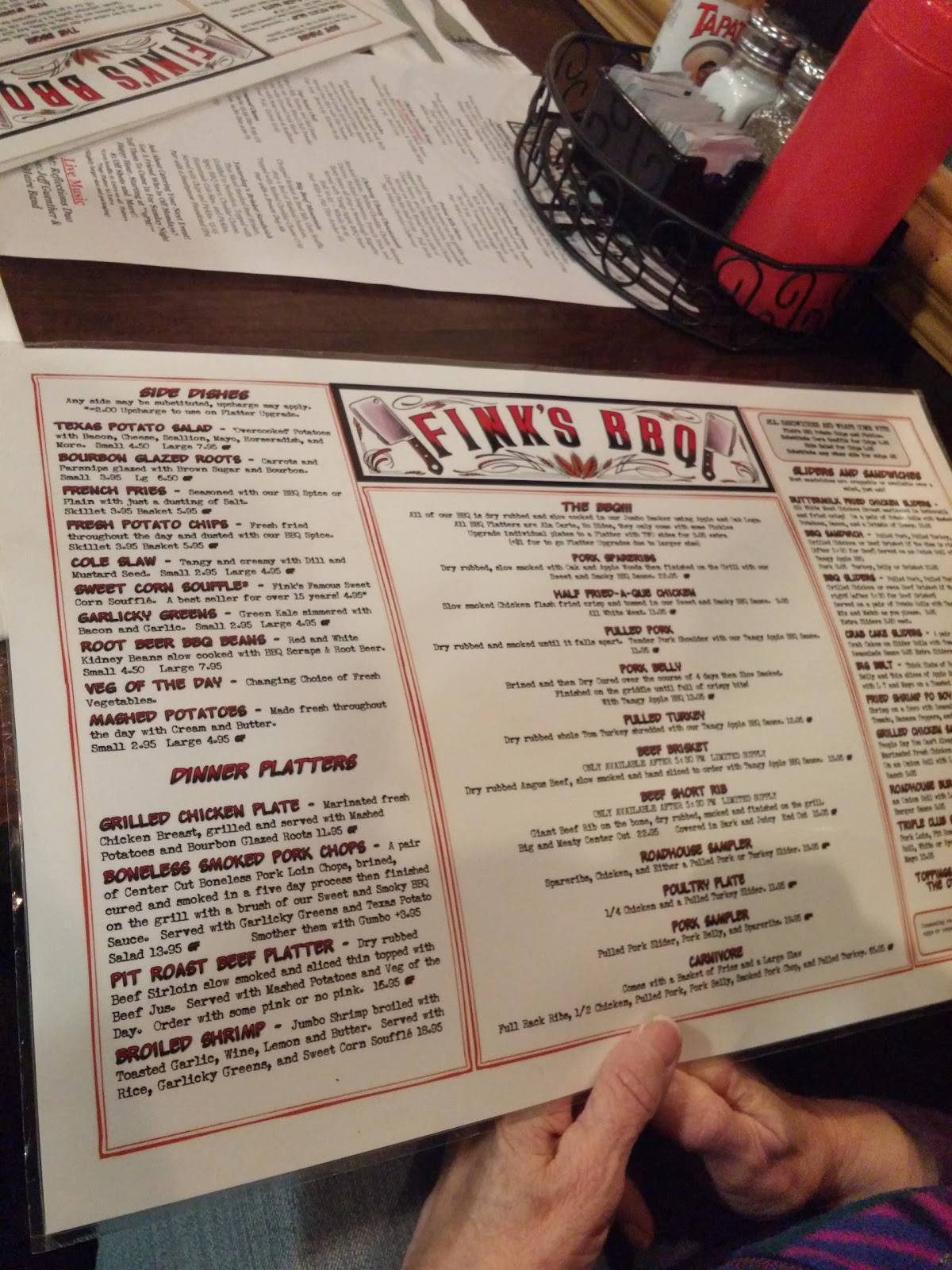 Menu at Fink's BBQ, Suffern