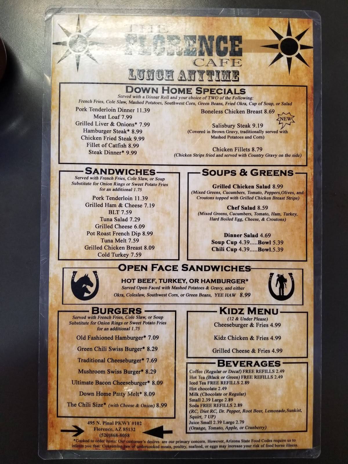 Menu at Florence Cafe, Florence
