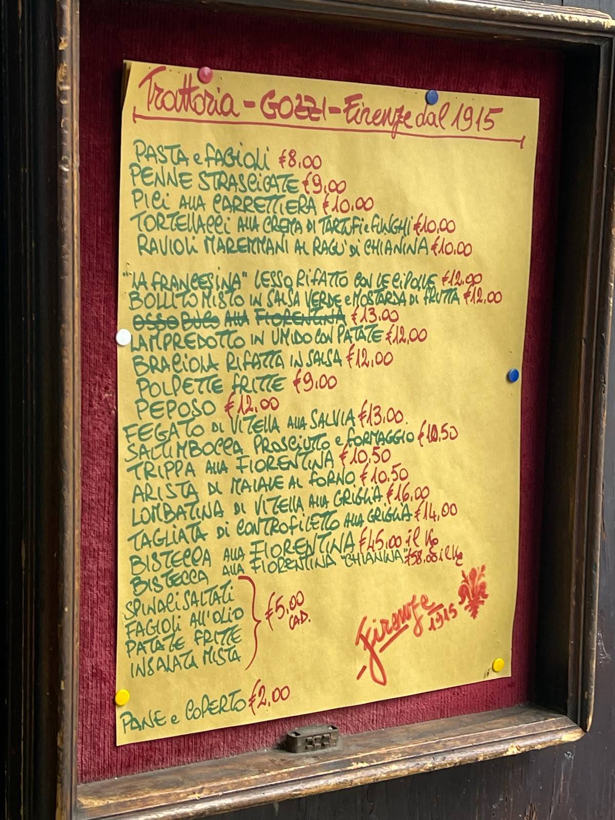 Menu at Trattoria Sergio Gozzi restaurant, Florence