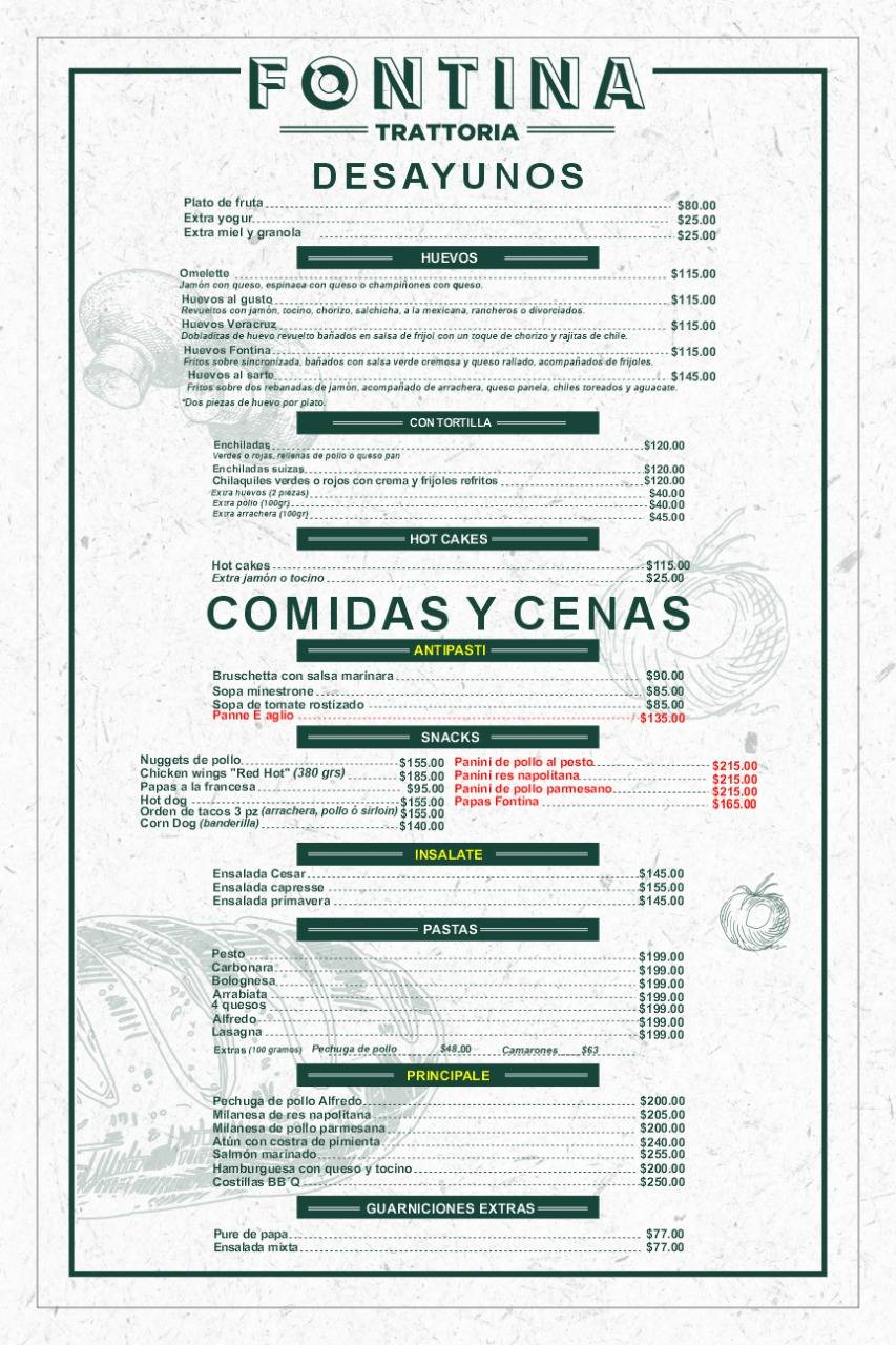 Menu at Fontina Trattoria restaurant, Cancún
