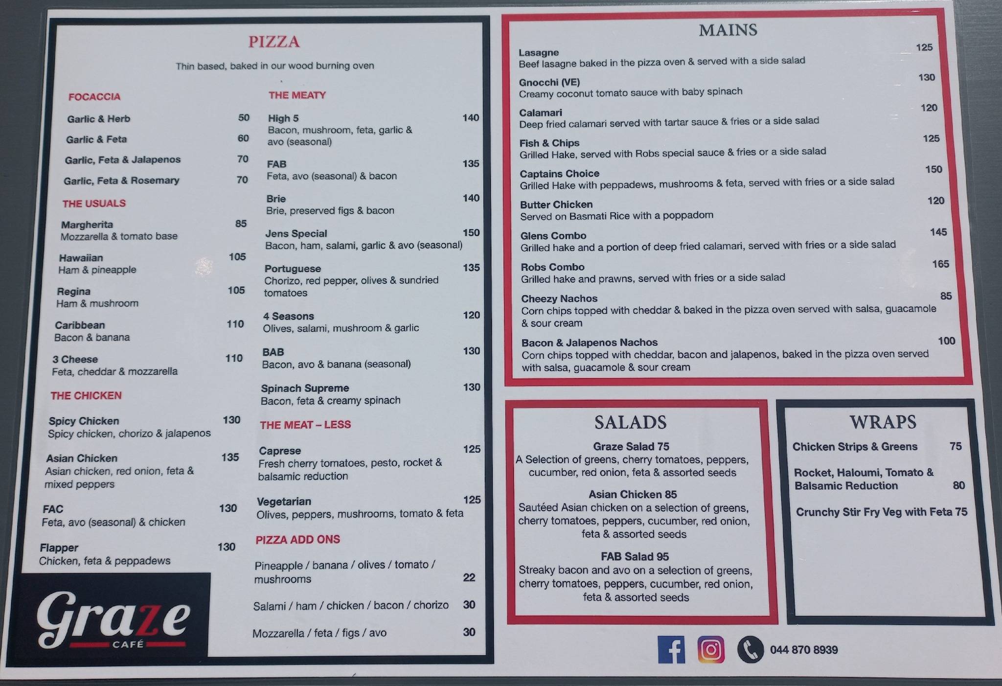 Menu at Graze Cafe, George
