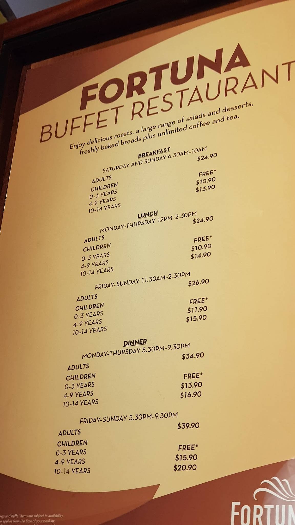 Menu at Fortuna Buffet Restaurant, Auckland