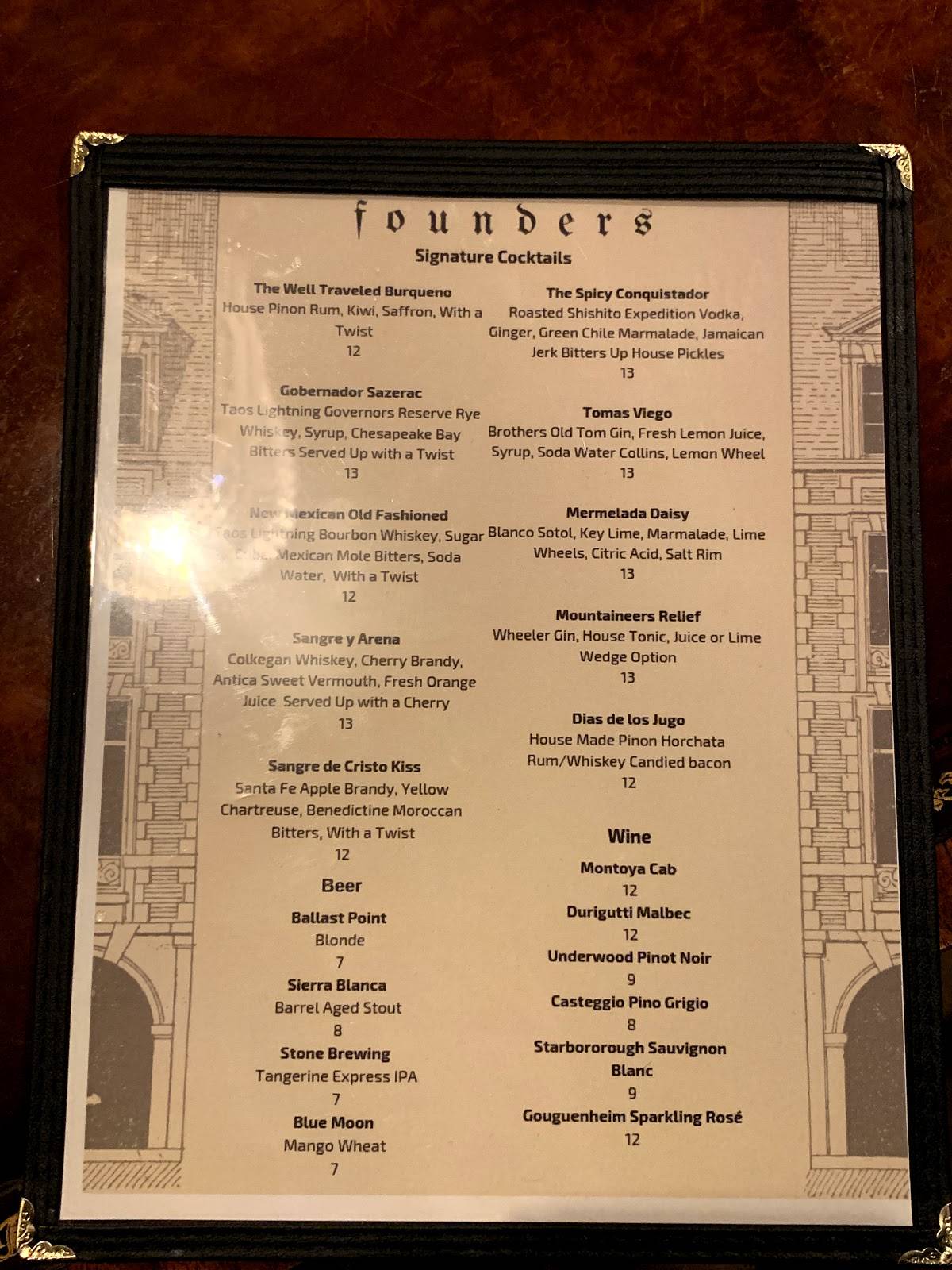 Menu at Founders Speakeasy pub & bar, Albuquerque