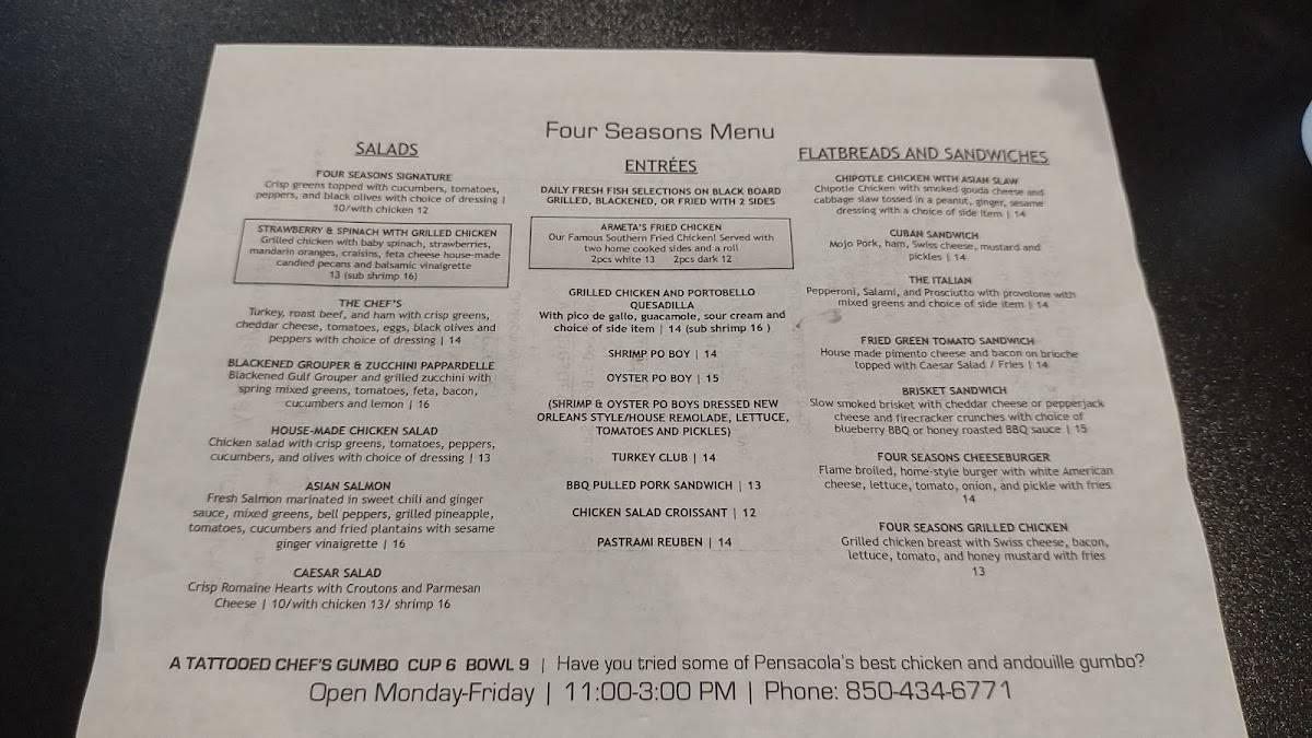 Menu at Four Seasons Catering & Eatery restaurant, Pensacola