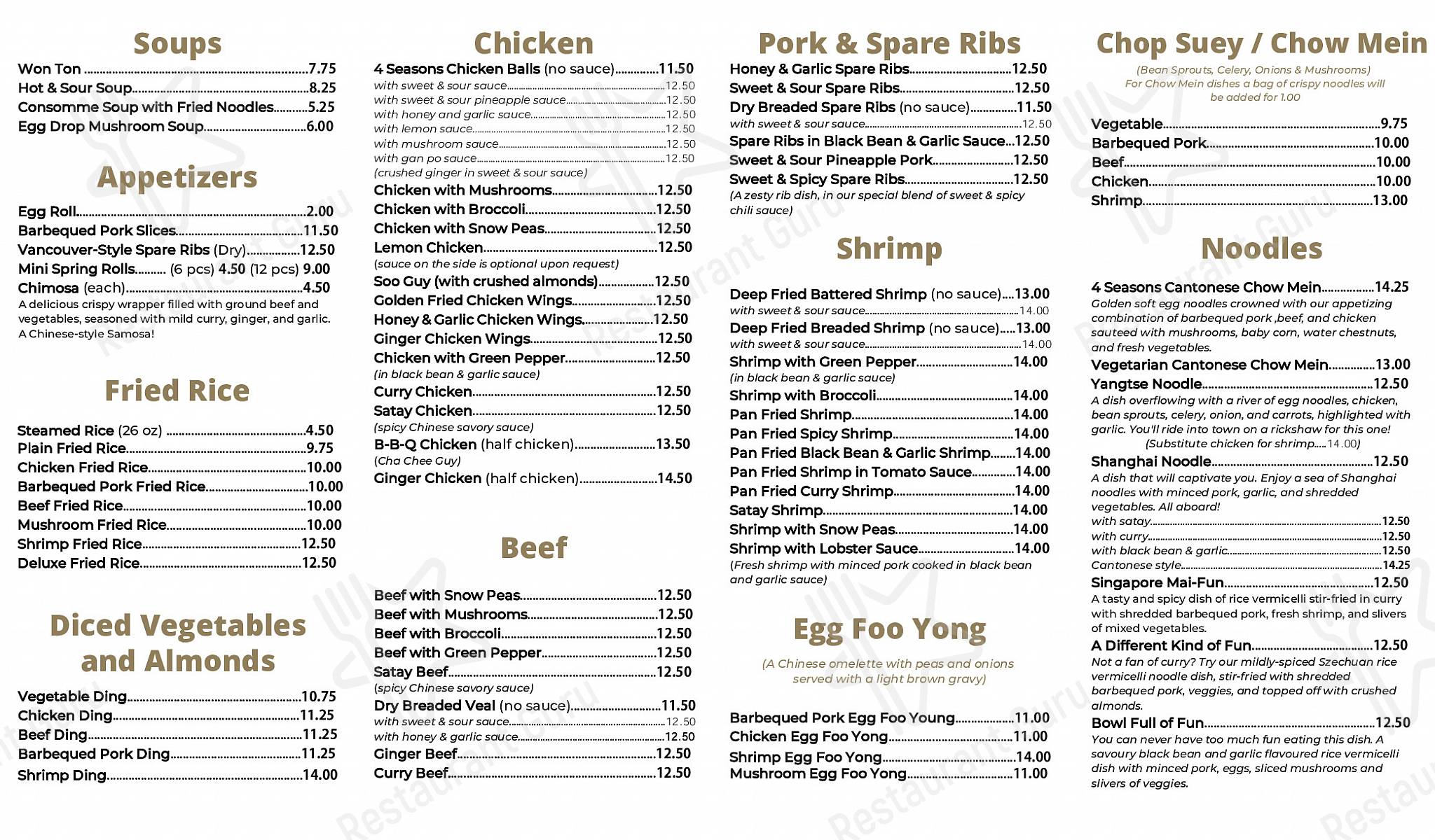 Carta del restaurante Four Seasons Chinese Food, Winnipeg