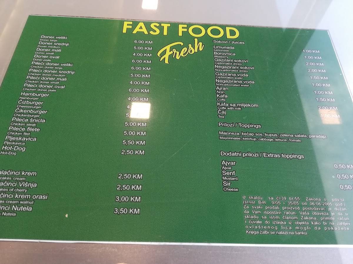 Menu at Fresh Fast Food, Ilidža, Ustanička 13