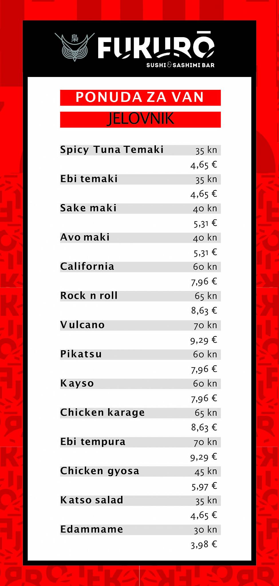 Menu at Fukuro Sushi & Sashimi Bar, Rijeka