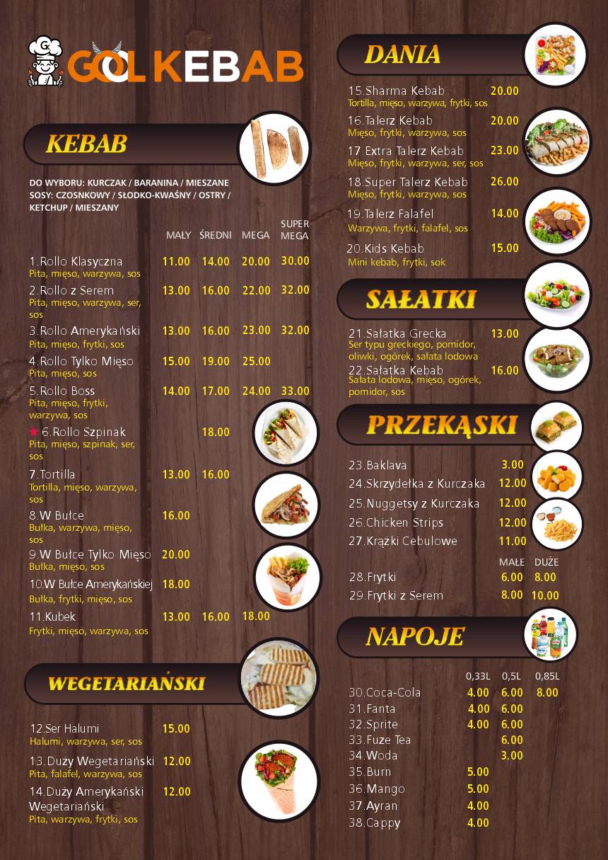 Carta del restaurante GOL Kebab, Żarki