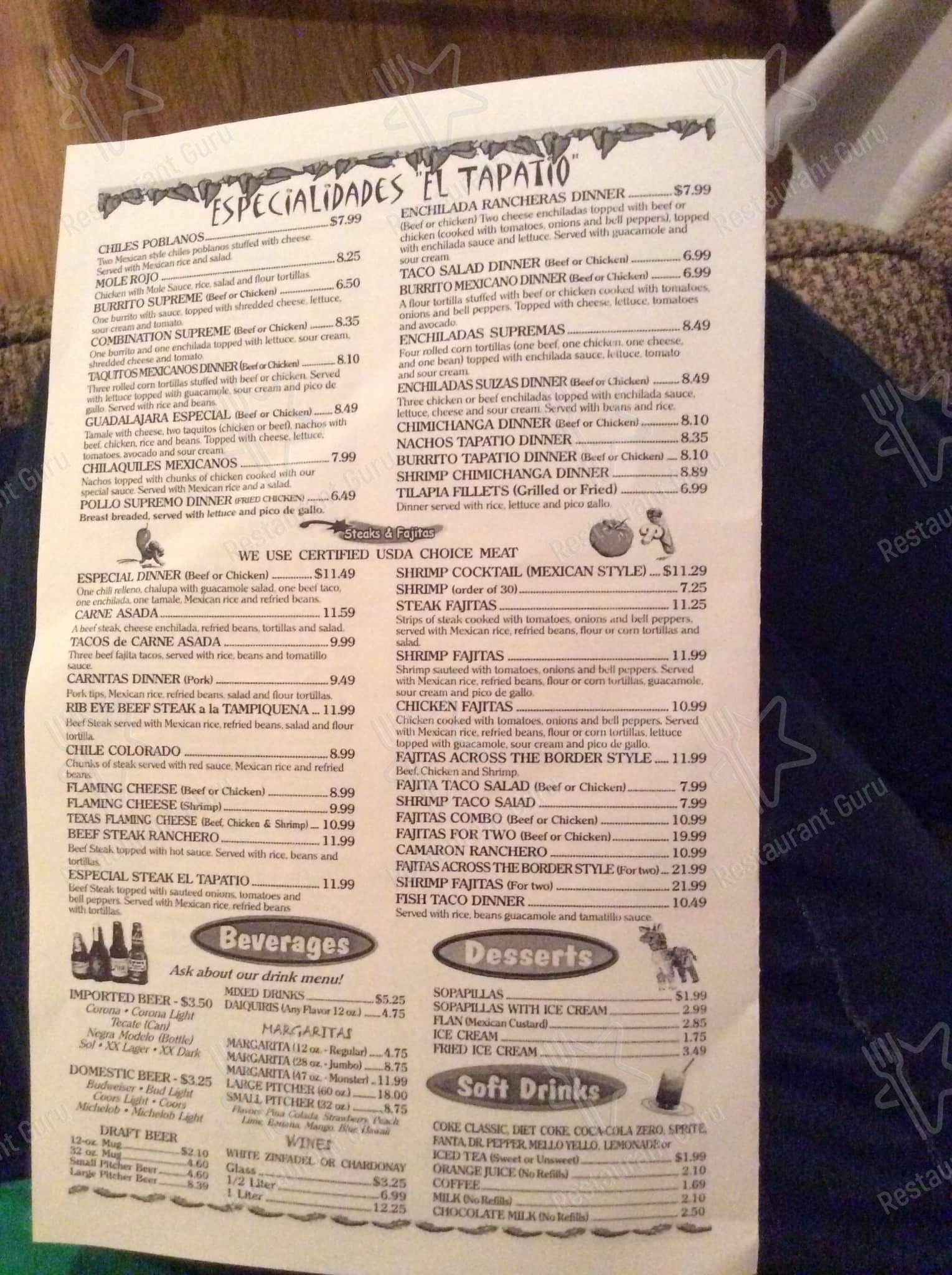 Menu at El Tapatio Mexican Restaurant, Rainbow City