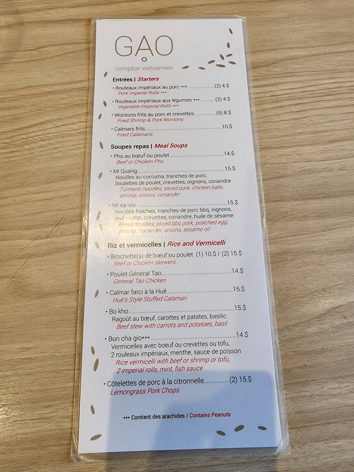 Menu au Gao comptoir vietnamien restaurant, Québec