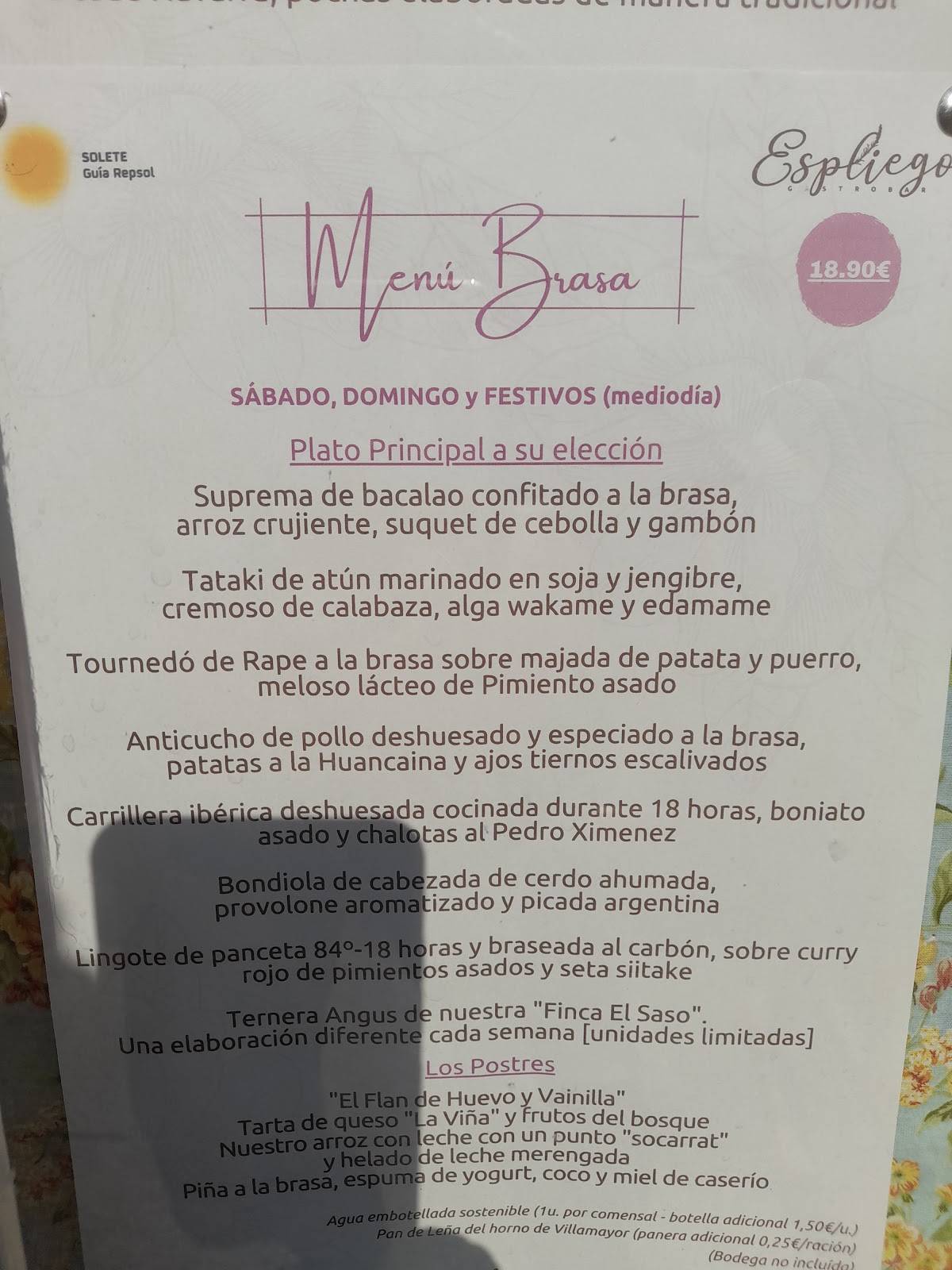 Menu at Gastrobar Espliego, Villamayor de Gállego
