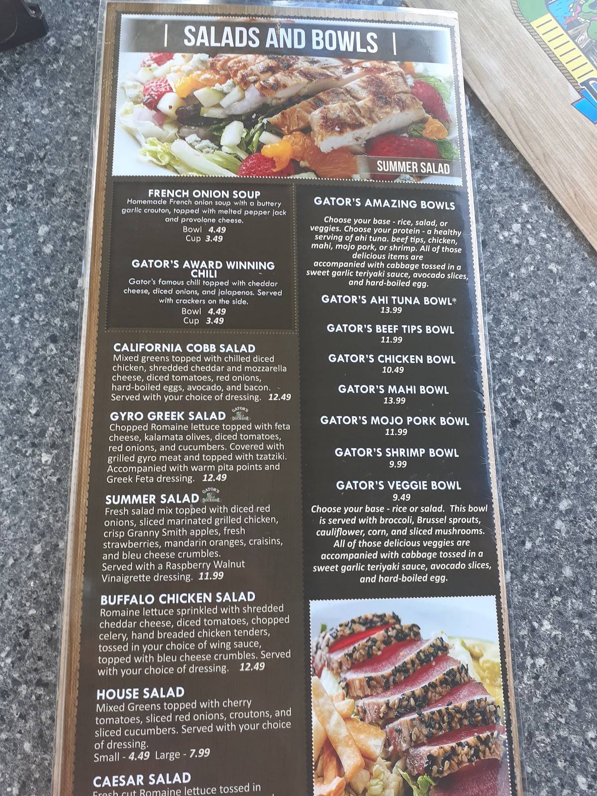 Menu at Gator's Portside Port Canaveral restaurant, Cape Canaveral