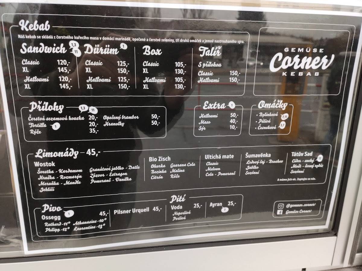 Menu at Gemüse Corner Kebab restaurant, Prague, Podolské nábř.