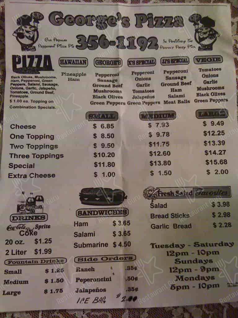 Menu at George's Pizza pizzeria, Holtville