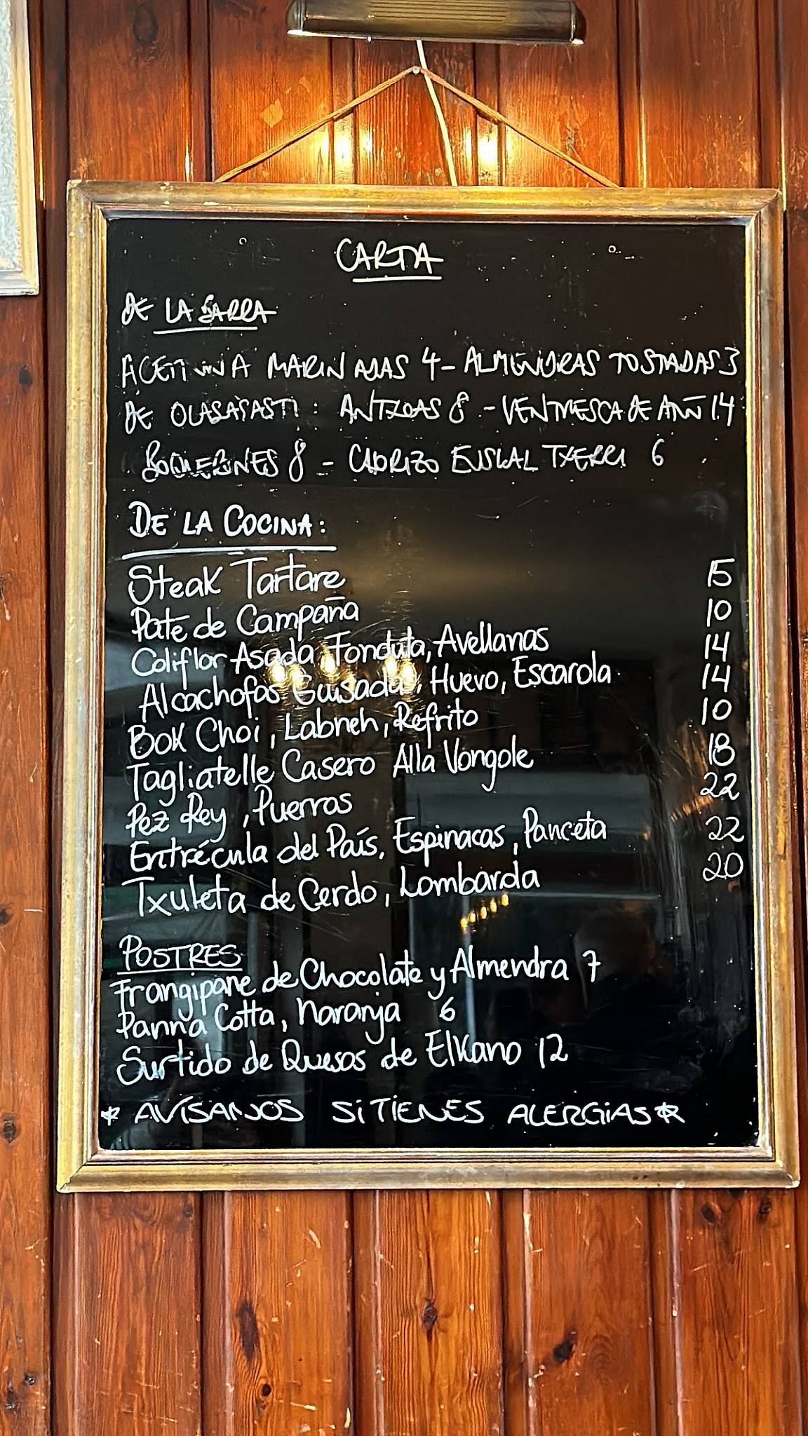 Menu at Geralds Bar, San Sebastián