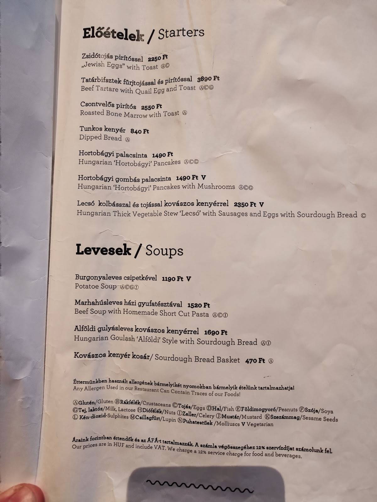 Menu at Gettó Gulyás restaurant, Budapest