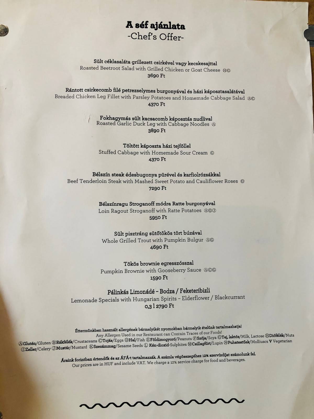 Menu at Gettó Gulyás restaurant, Budapest
