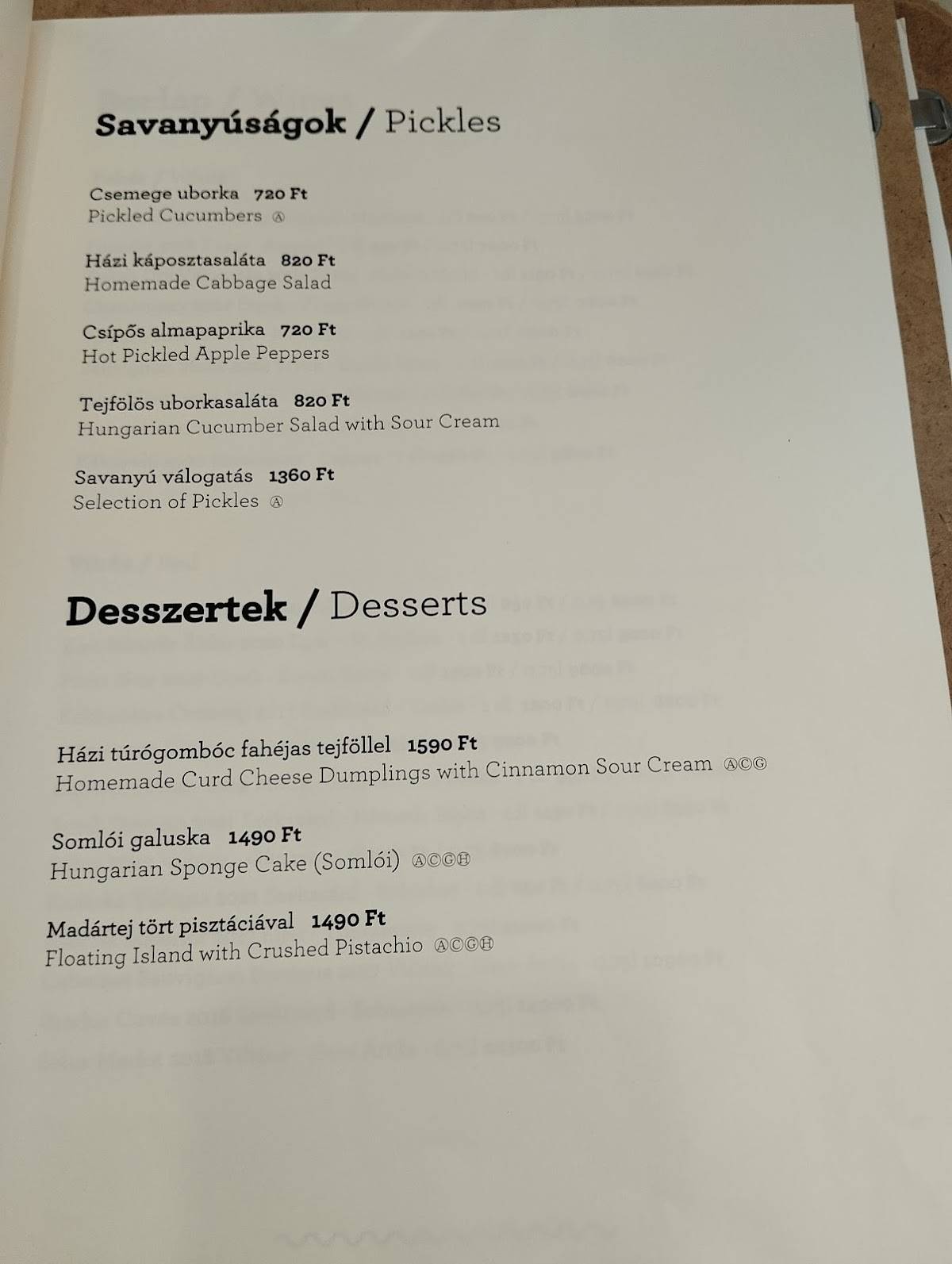 Menu at Gettó Gulyás restaurant, Budapest