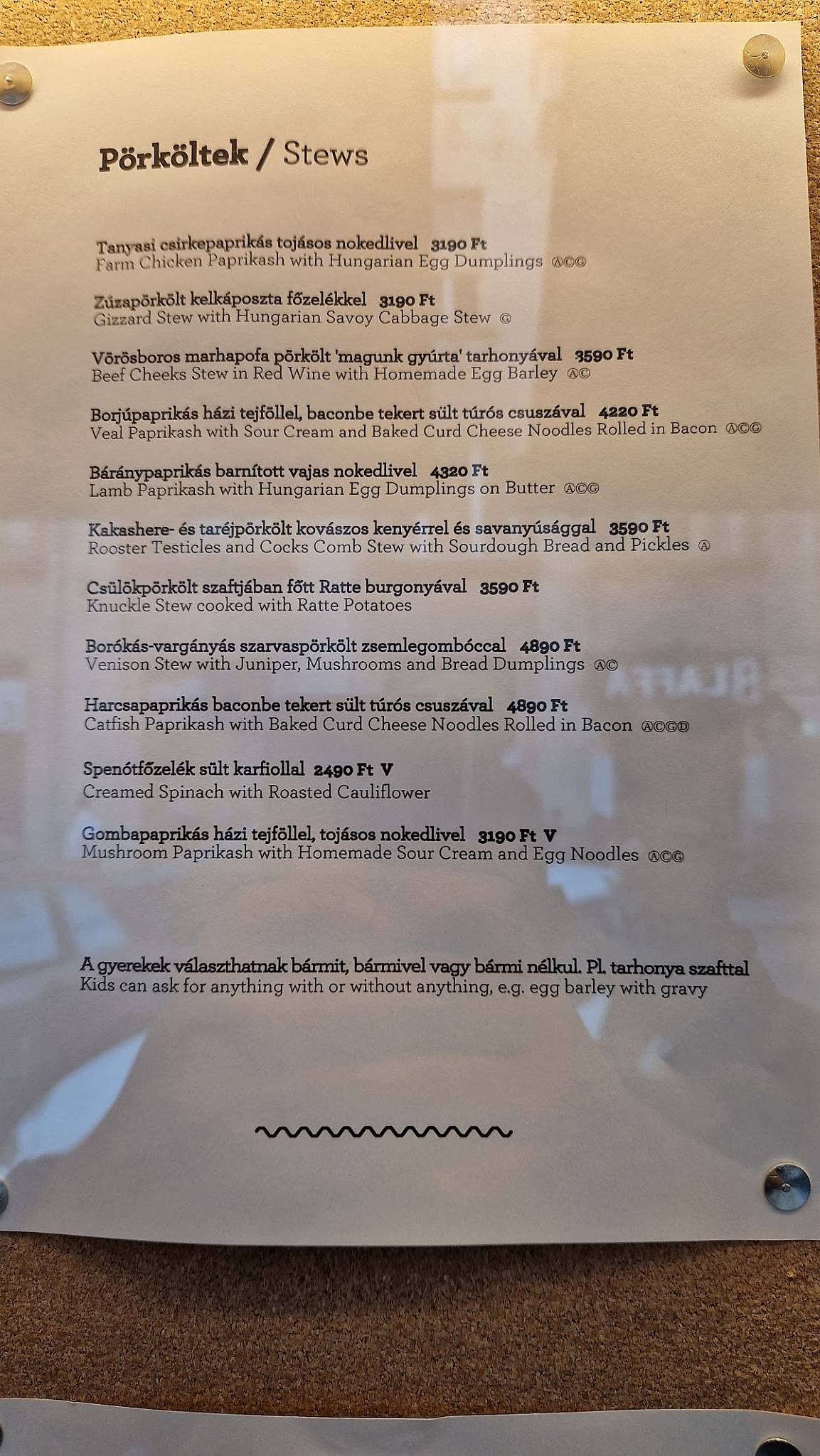 Menu at Gettó Gulyás restaurant, Budapest
