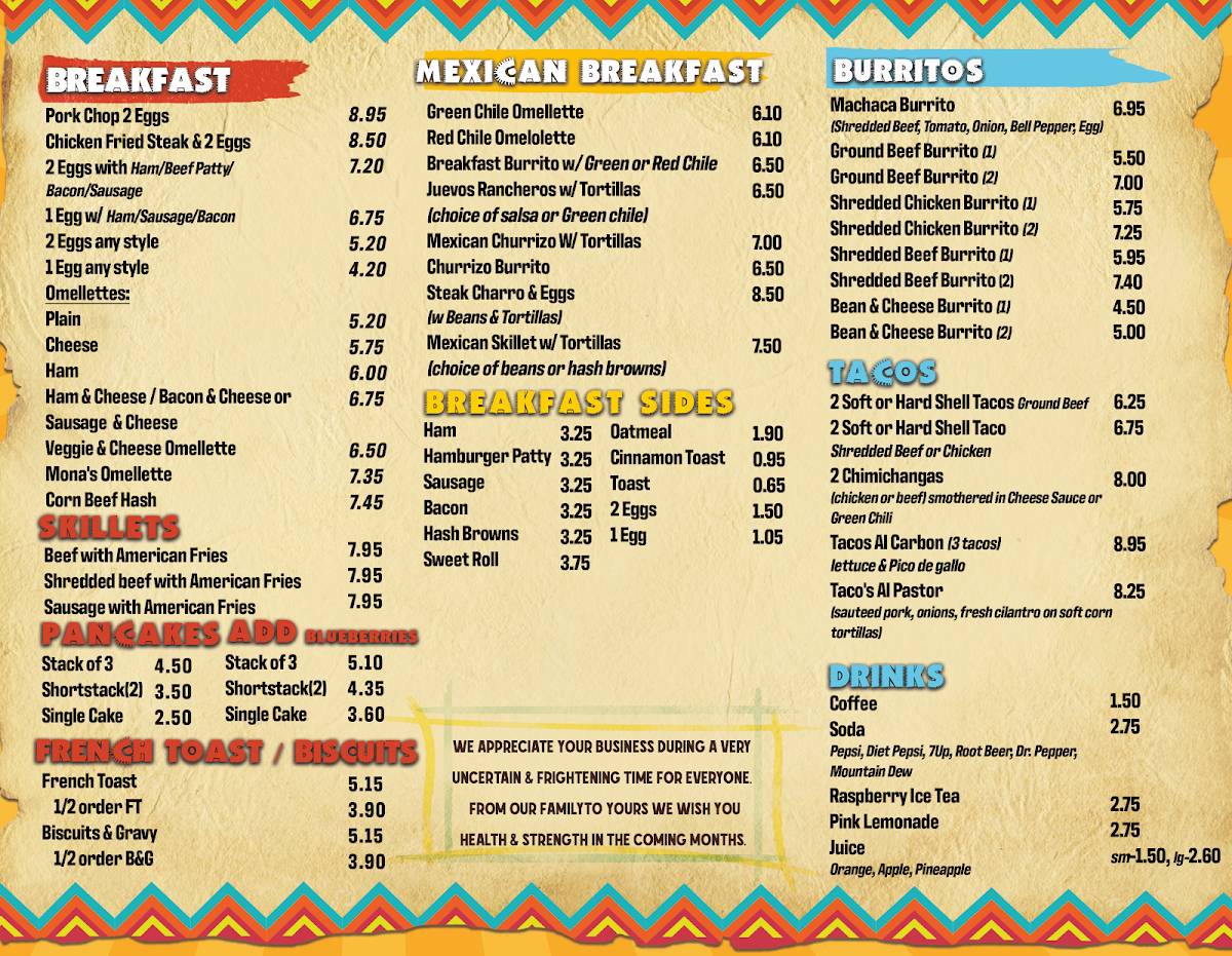 Menu at Mona's Cafe, Gillette