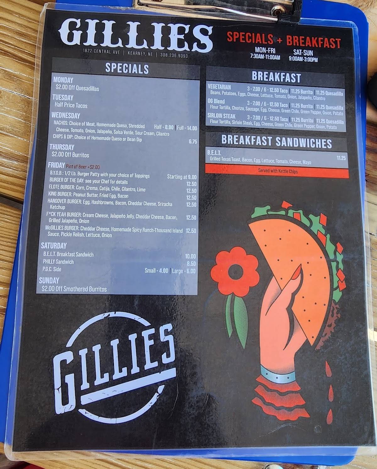 Menu at Gillies pub & bar, Kearney