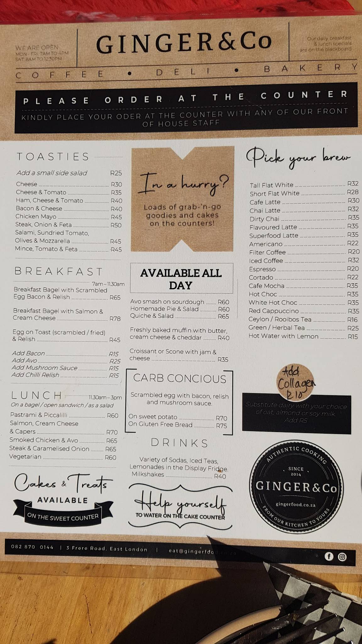 Menu at Ginger & Co cafe, East London