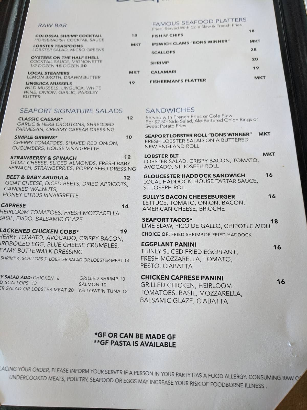 Menu at Seaport Grille restaurant, Gloucester, 6 Rowe Sq