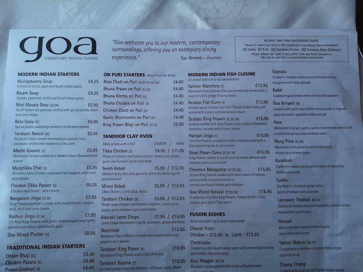 Menu at Goa Exemplary restaurant, Sunderland