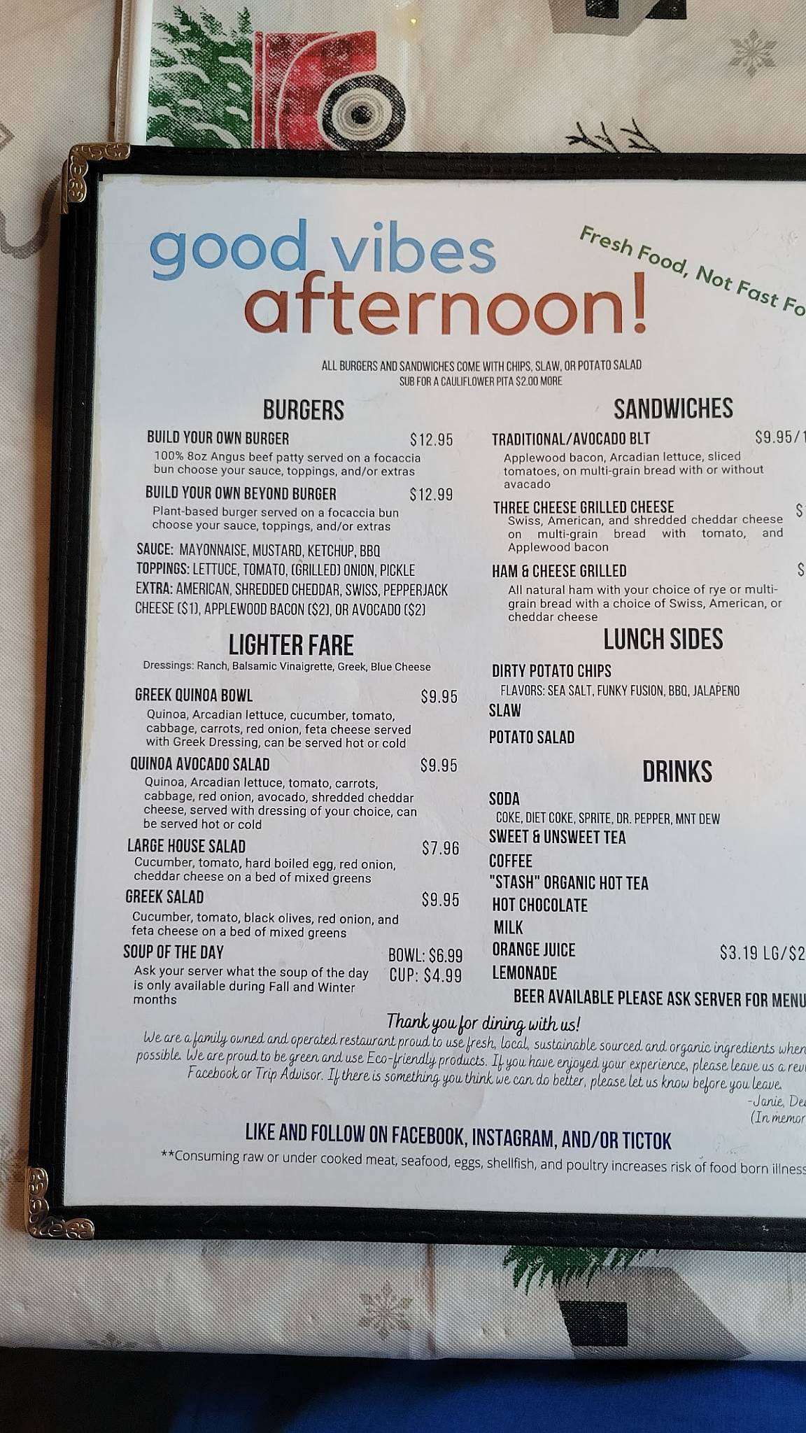 Menu at Good Vibes On the River restaurant, Townsend
