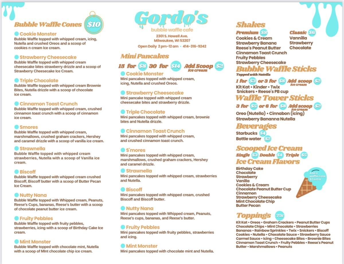 Carta del postres Gordo’s Bubble Waffles Bay view, Milwaukee