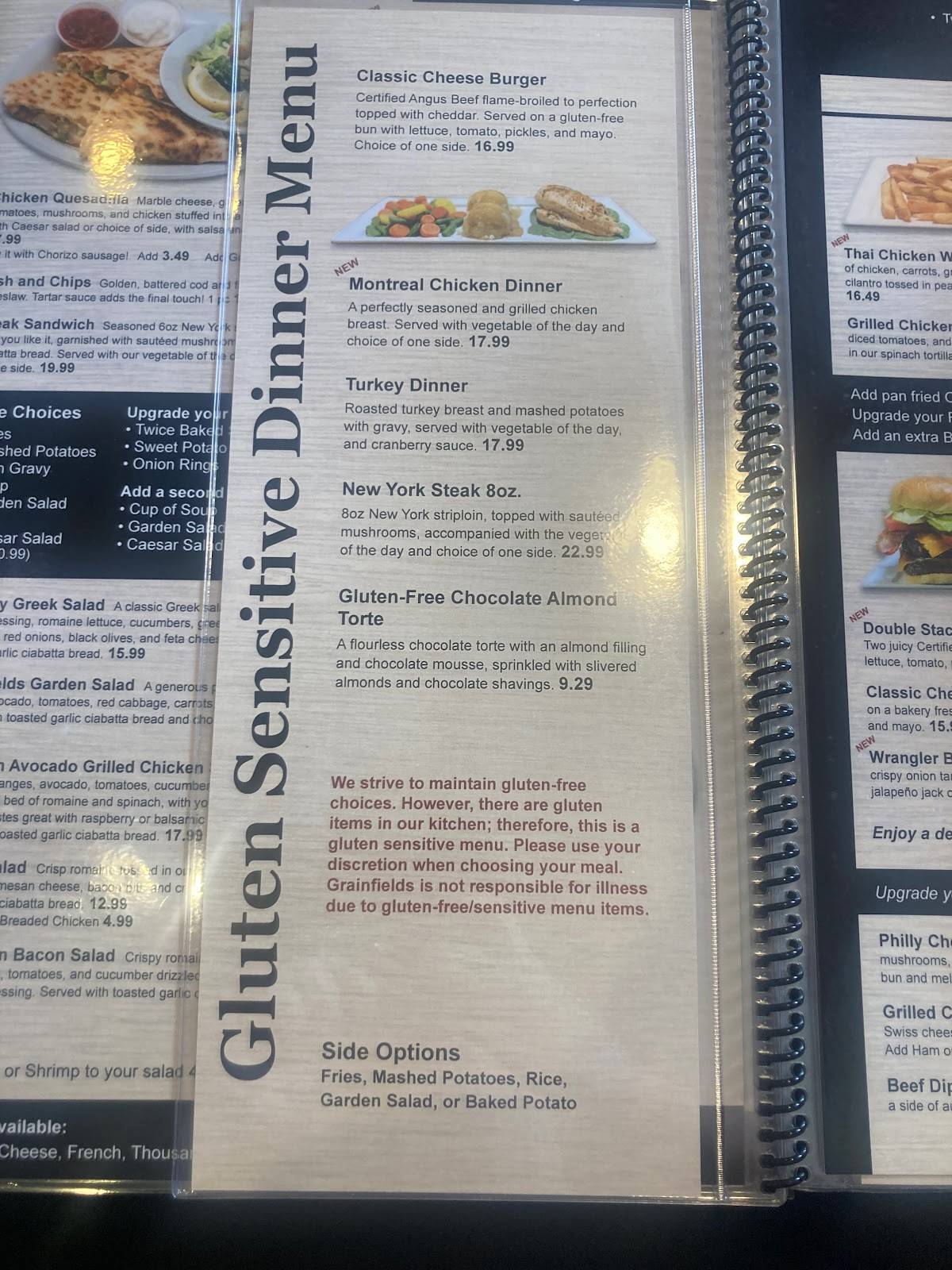Menu at Grainfields restaurant, Saskatoon, 810 Circle Dr