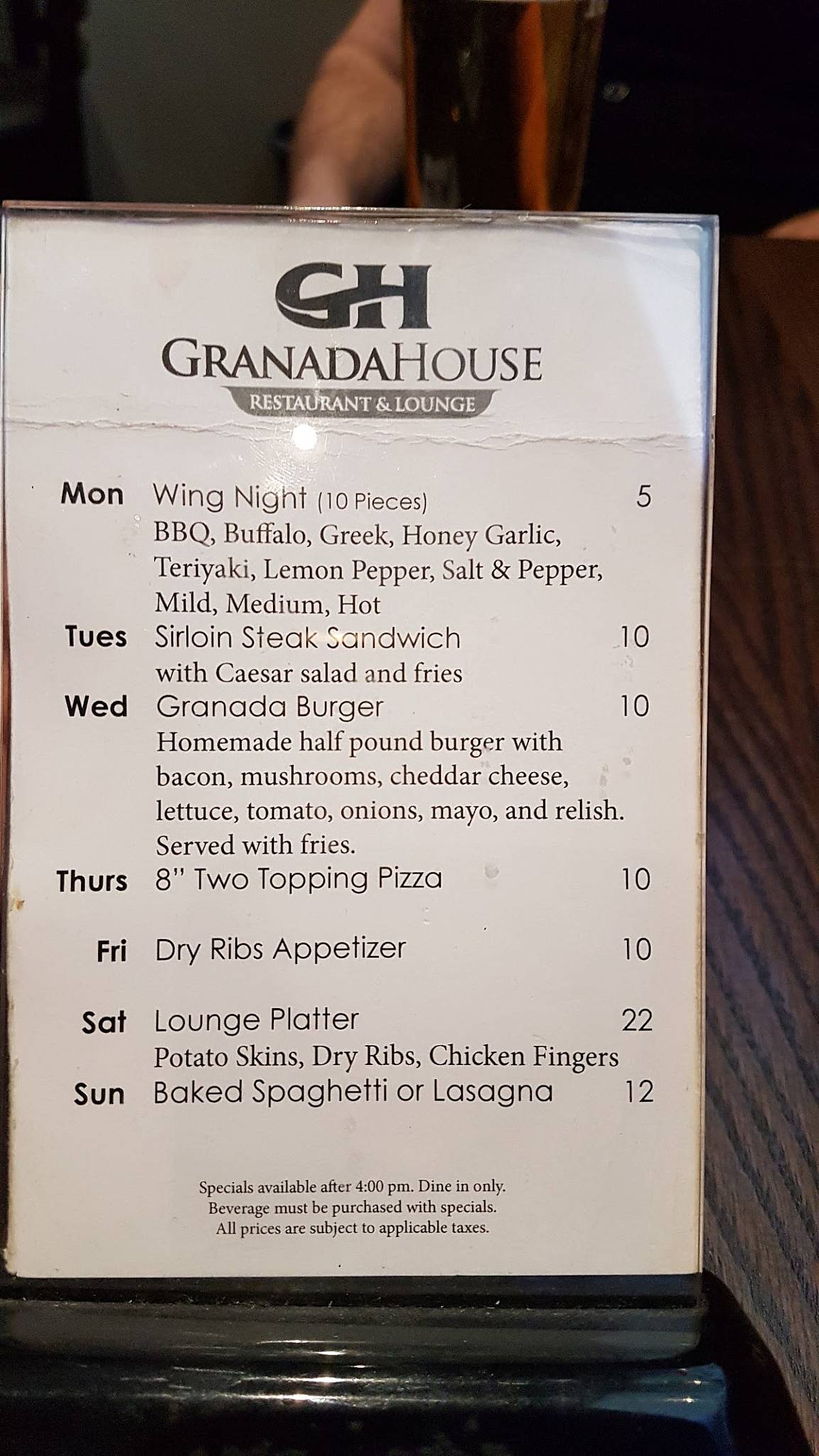 Menu at Granada House steakhouse, Saskatoon