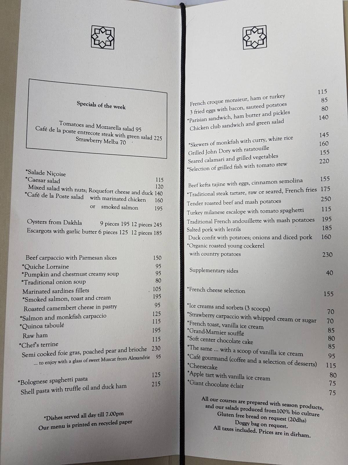 Menu au Grand Café de la Poste, Marrakech