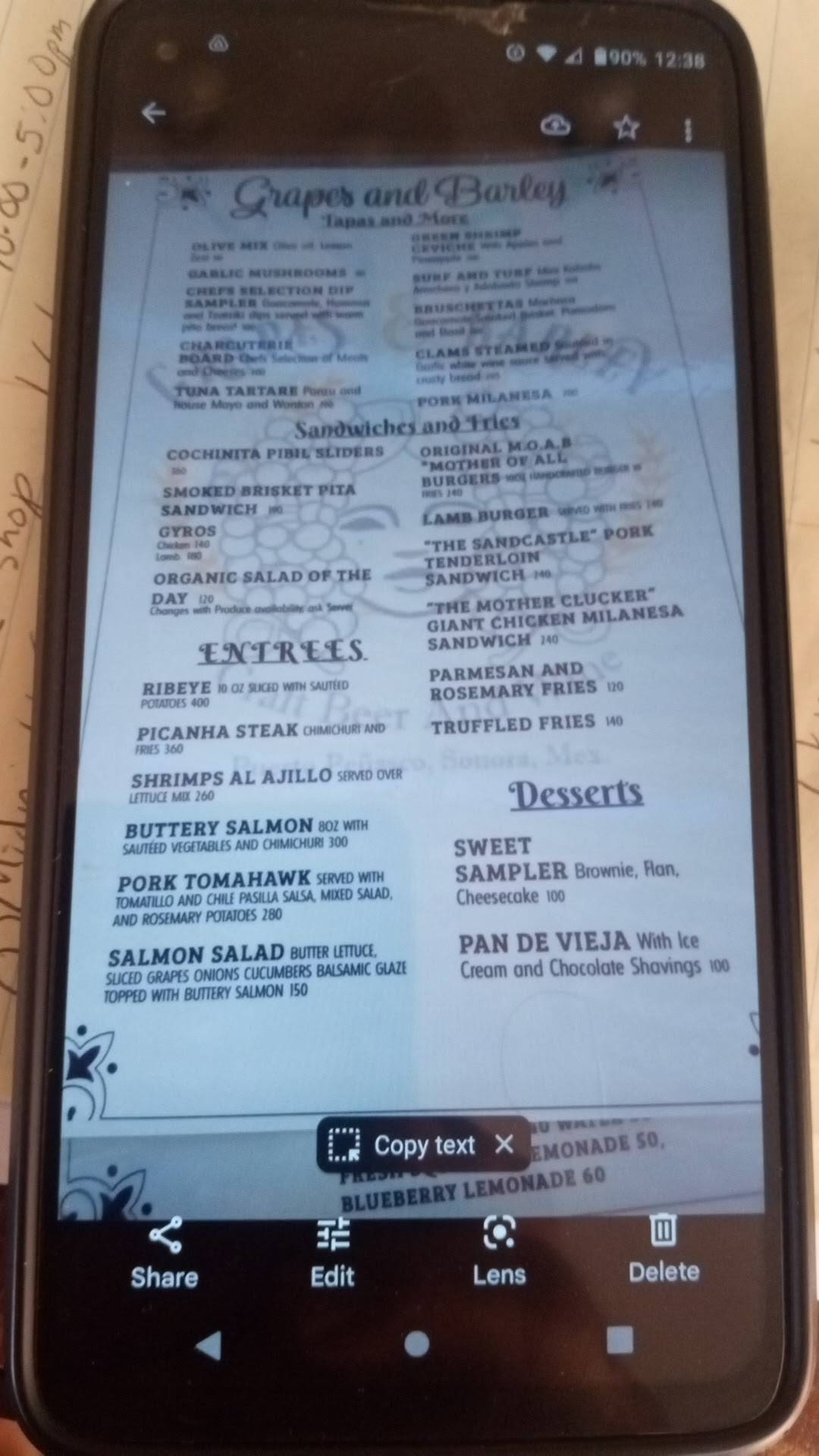 Menu at Grapes & Barley, Puerto Peñasco