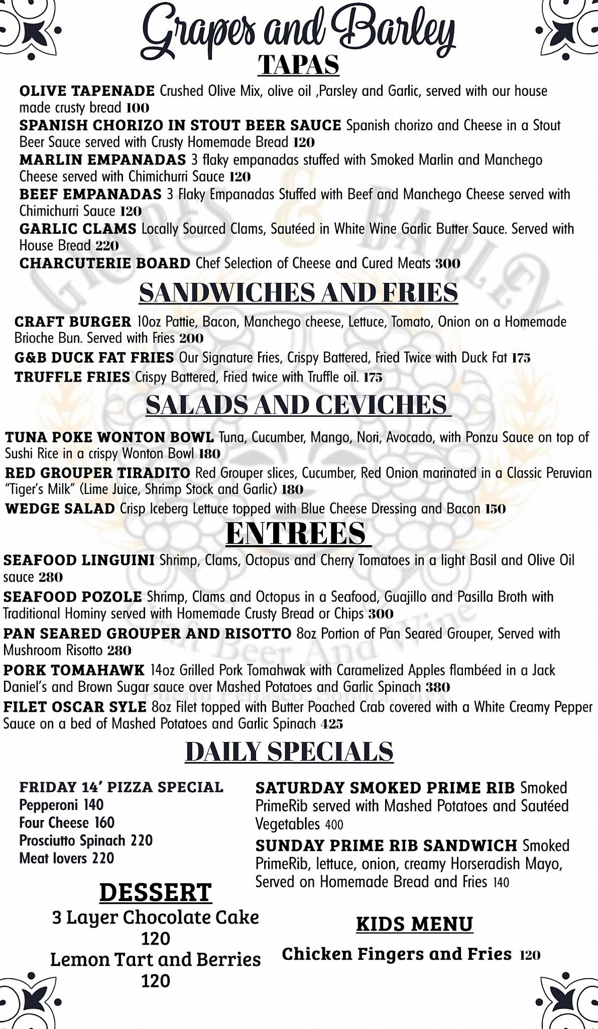 Menu at Grapes & Barley, Puerto Peñasco
