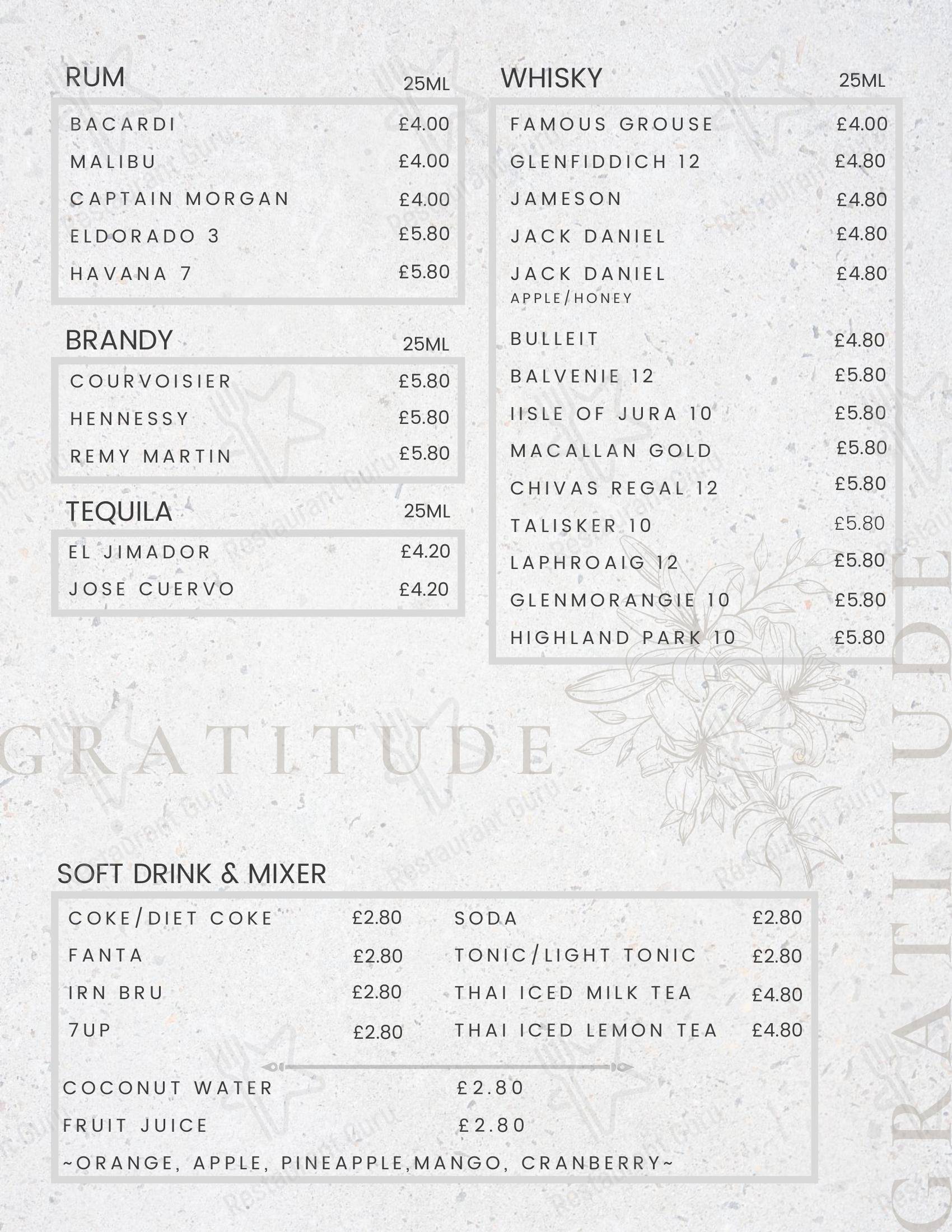 Menu at Gratitude Thai Lounge Bar, Edinburgh