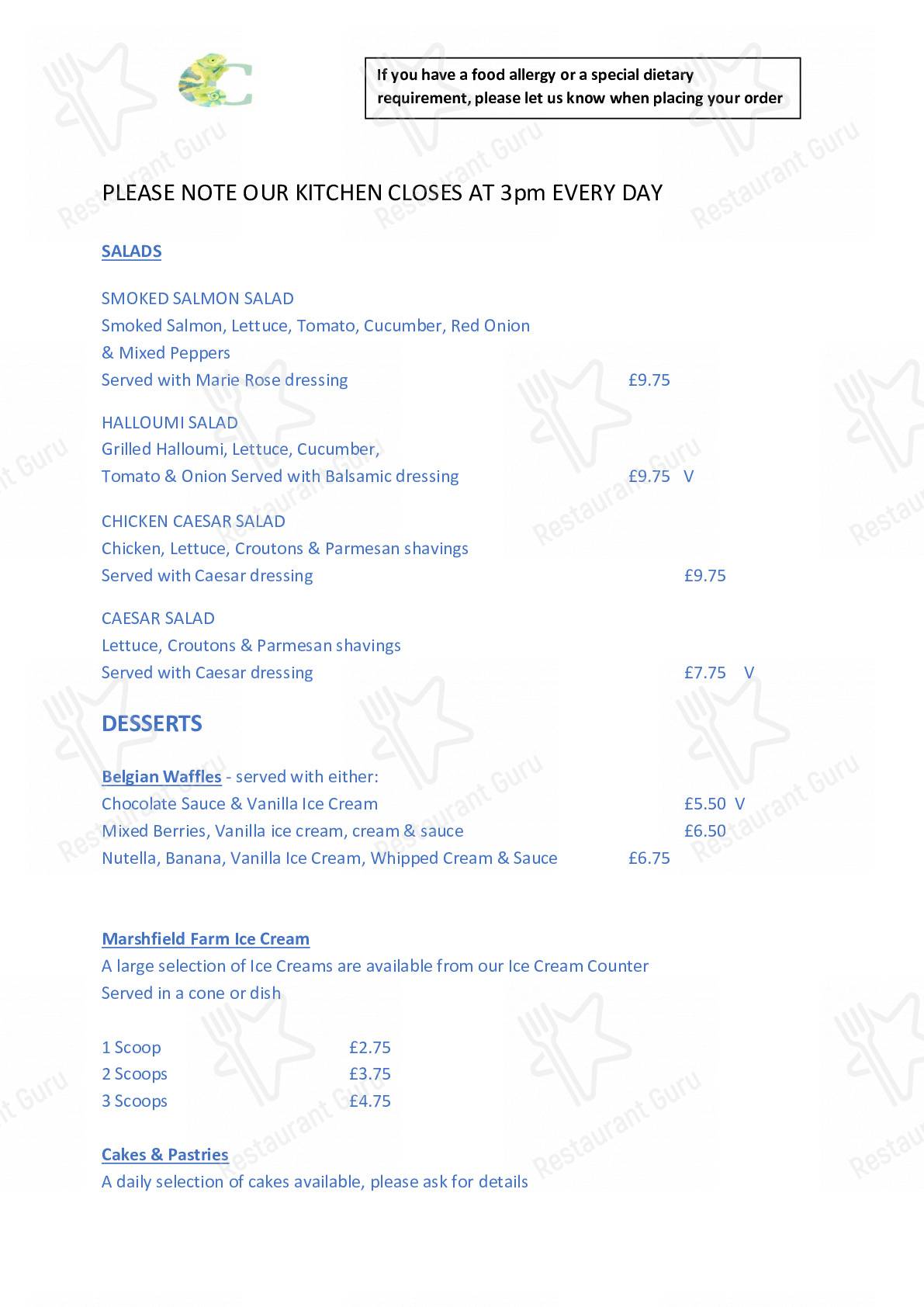 Menu at The Chameleon Cafe, Great Dunmow
